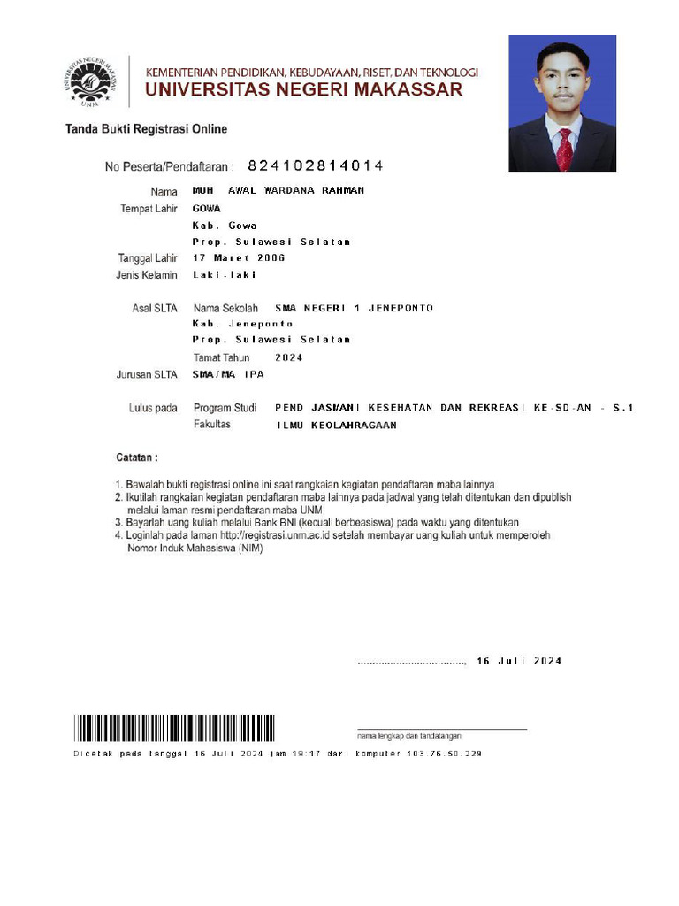 Registrasi - Unm.ac - Id Mabaunm Cetak Pre - PHP Token | PDF