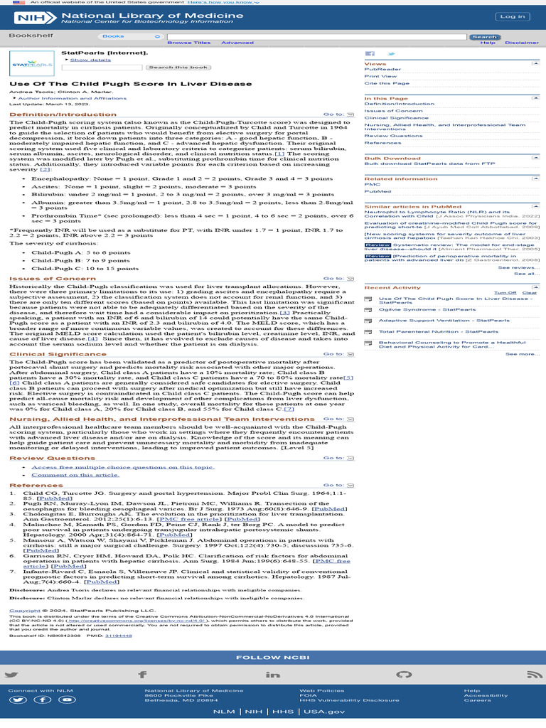 Use of The Child Pugh Score in Liver Disease - StatPearls - NCBI ...