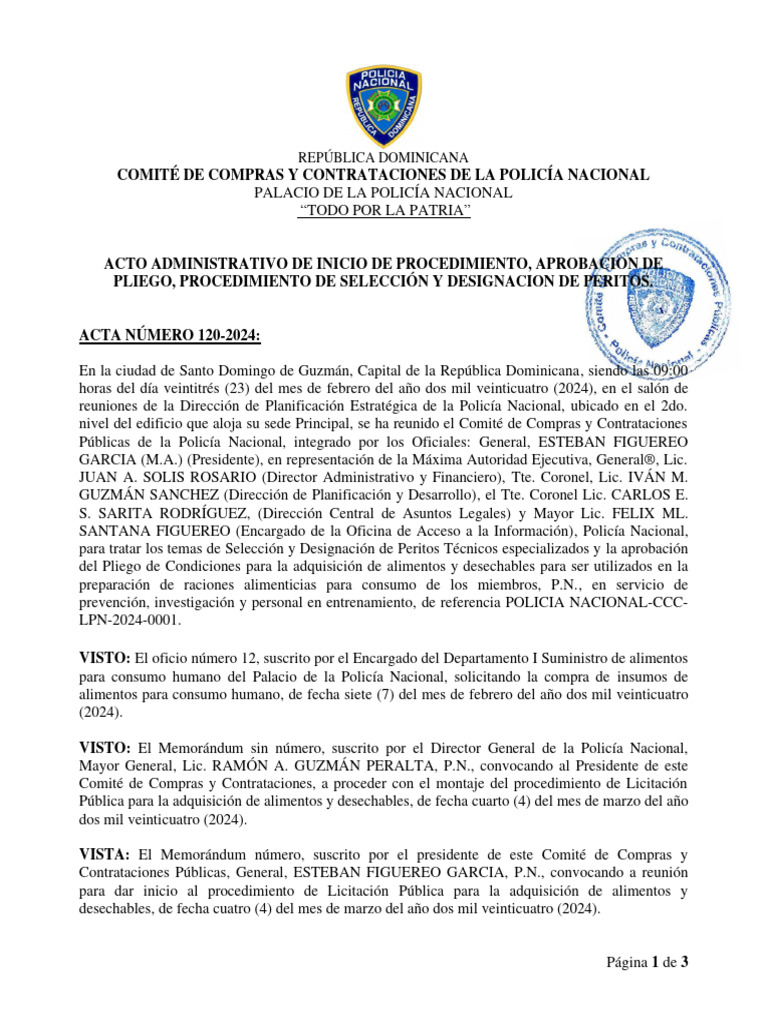 Do1 - Cdoc - 3134384 - Acta 120 de Aprobacion Pliego e Inicio de Procedimiento LPN-2024-0001 ...