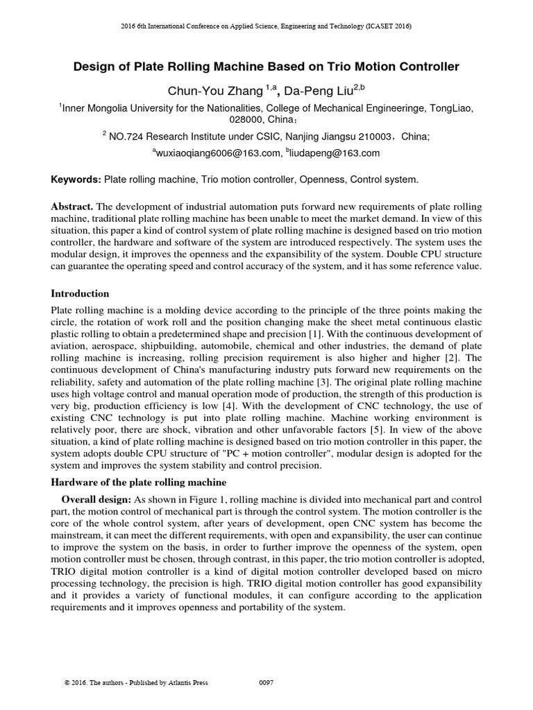 Design of Plate Rolling Machine Based On Trio Motion Controller, Da ...