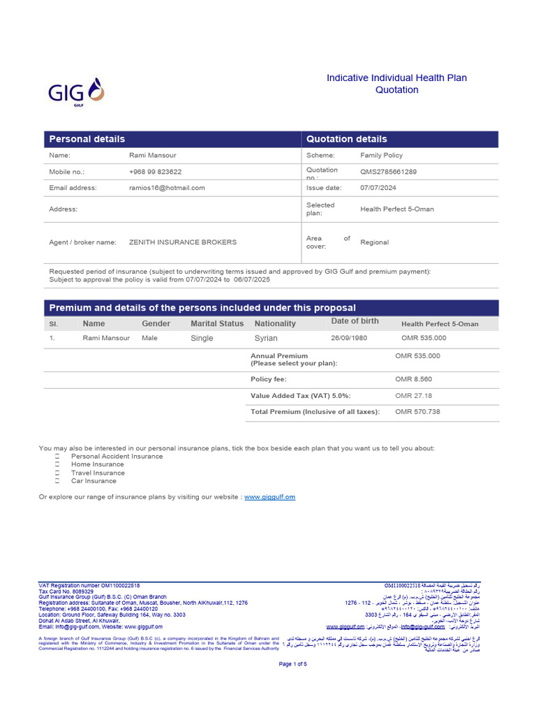 GIG Gulf Health Insurance Quotation | PDF | Insurance | Gulf ...