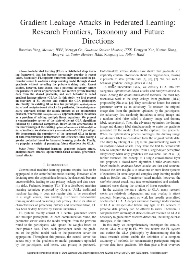 Gradient Leakage Attacks in Federated Learning - Research Frontiers, Taxonomy and Future ...