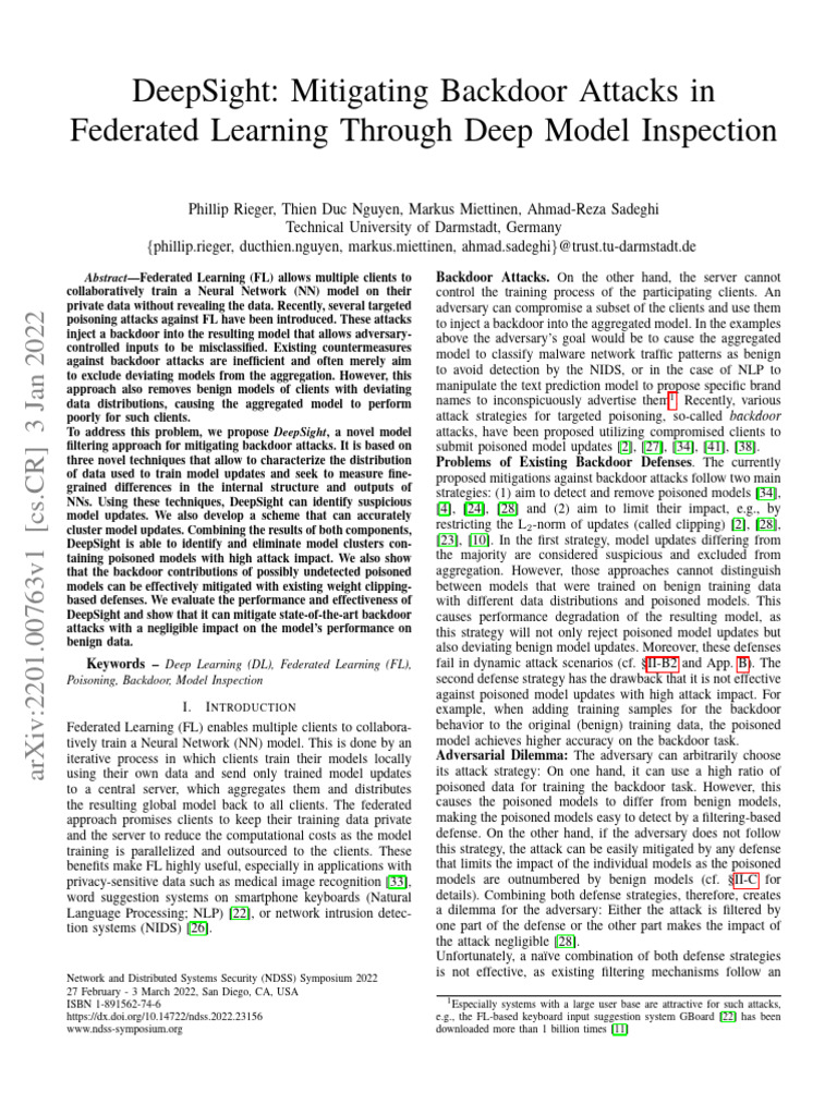 DeepSight Mitigating Backdoor Attacks in FL Through Deep Model Inspection | PDF | Artificial ...