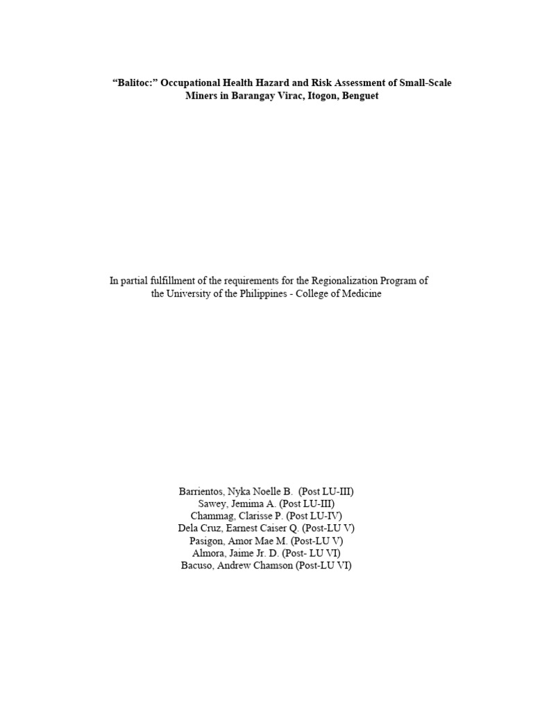 Balitoc: Occupational Health Hazard and Risk Assessment of Small-Scale ... Balitoc: Occupational Health Hazard and Risk Assessment of Small-Scale ...