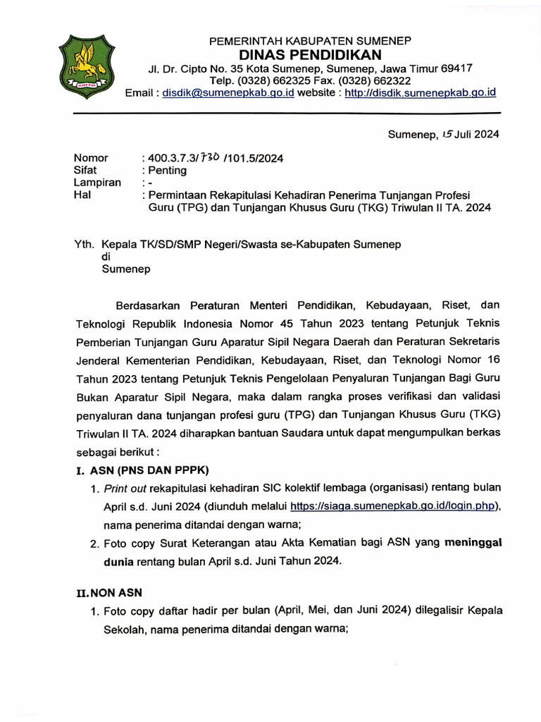 Permintaan Rekap Kehadiran Tunjangan Guru Triwulan II 2024 | PDF