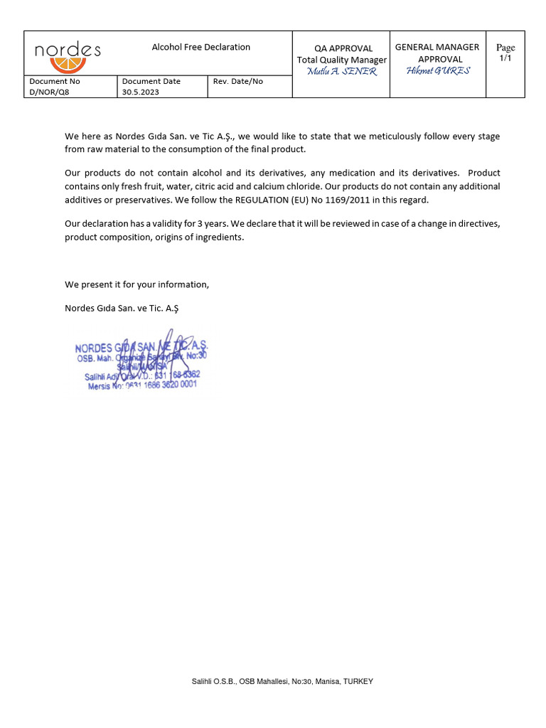 Alcohol Free Declaration | PDF