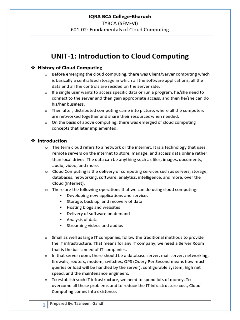 UNIT1 Intro Cloud Computing | PDF | Cloud Computing | Software As A Service