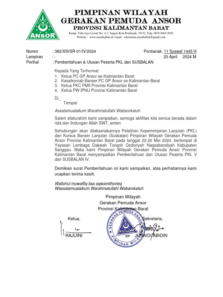 Surat Pemberiathuan & Formulir PKL-SUSBALAN | PDF