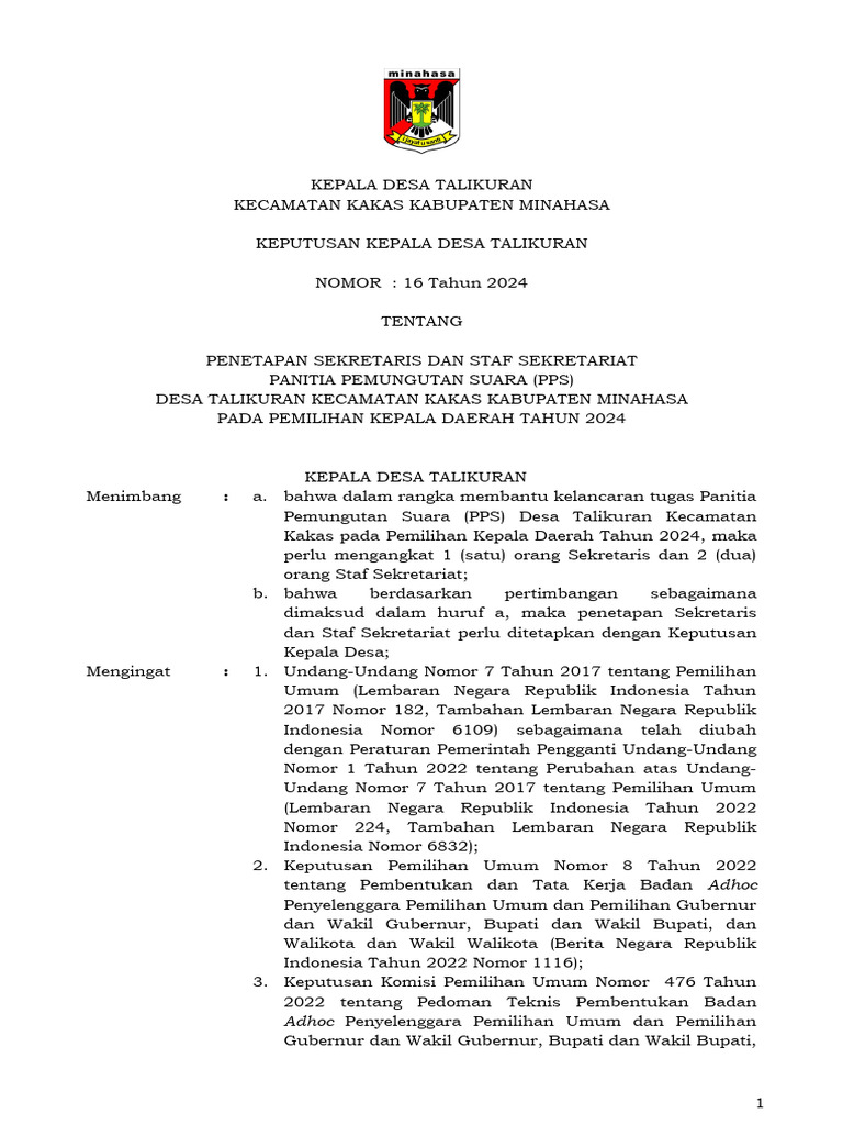 Format SK Pengangkatan Sekretariat PPS Pemilu 2024 1 | PDF