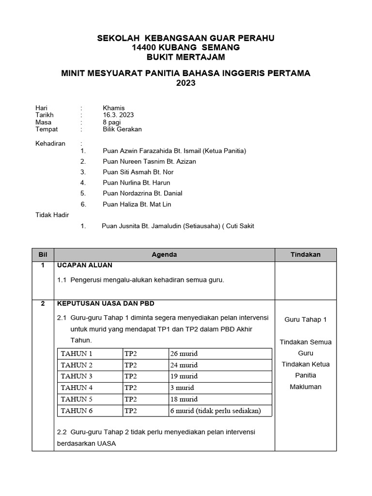 Minit Mesyuarat 1 BI 2023 | PDF