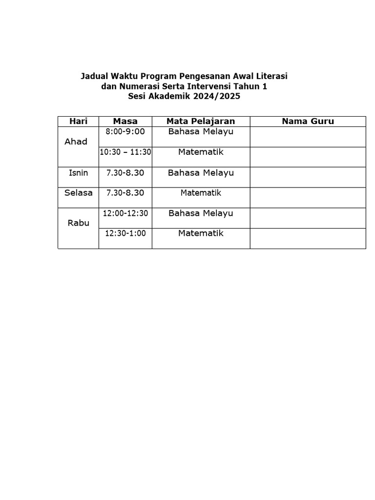 Jadual Waktu Program Pengesanan Awal Literasi Dan Numerasi Serta