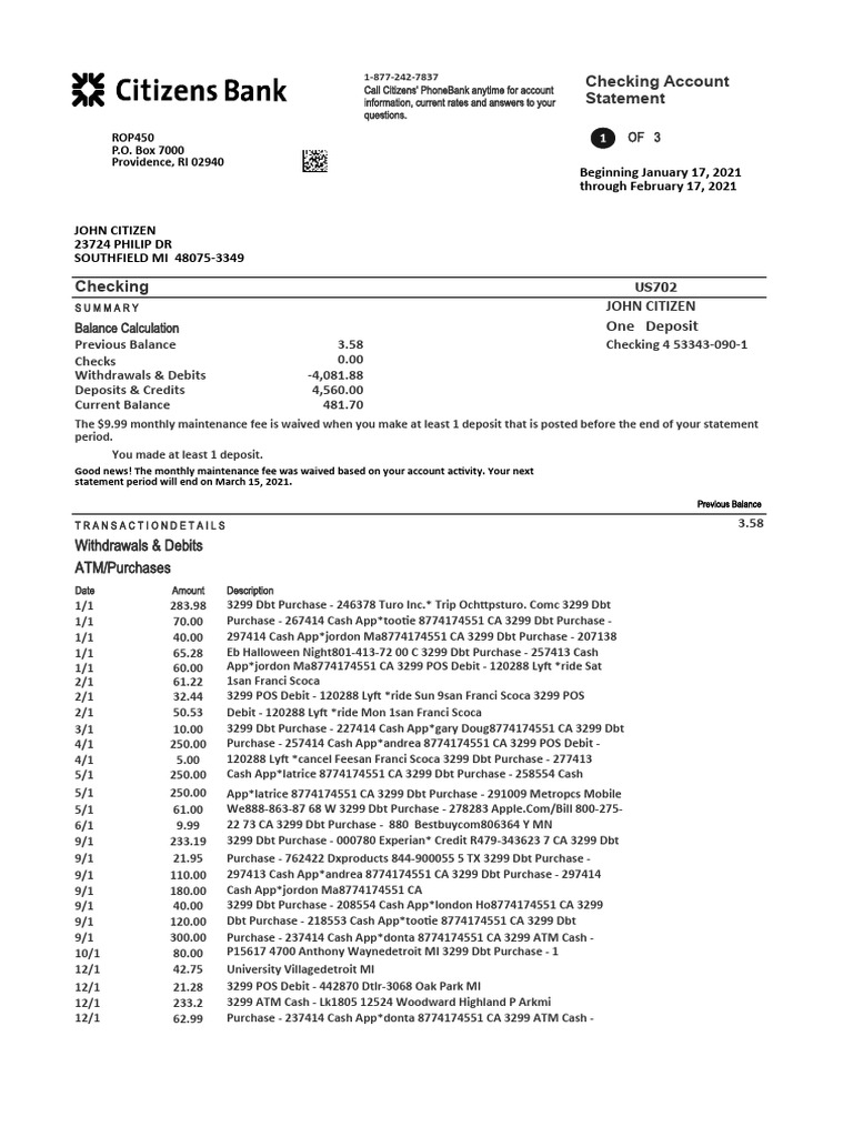 USA Citizens Bank Check | PDF | Overdraft | Financial Services