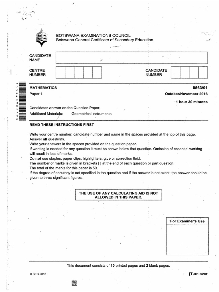 Bgcse Maths 1 2016 | PDF