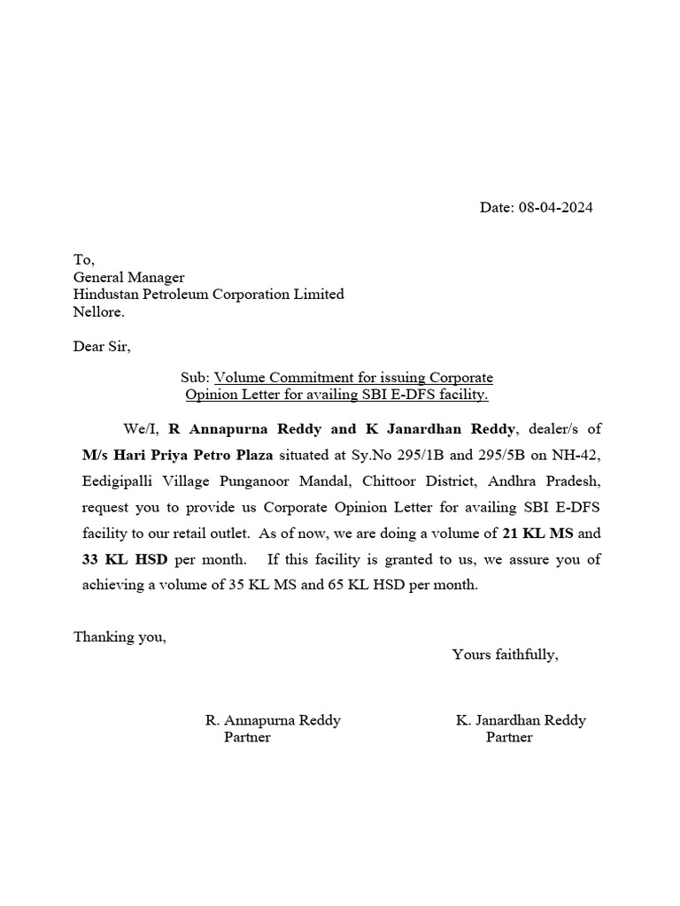 Volume Commitment LTR - For SBI E-DFS | PDF