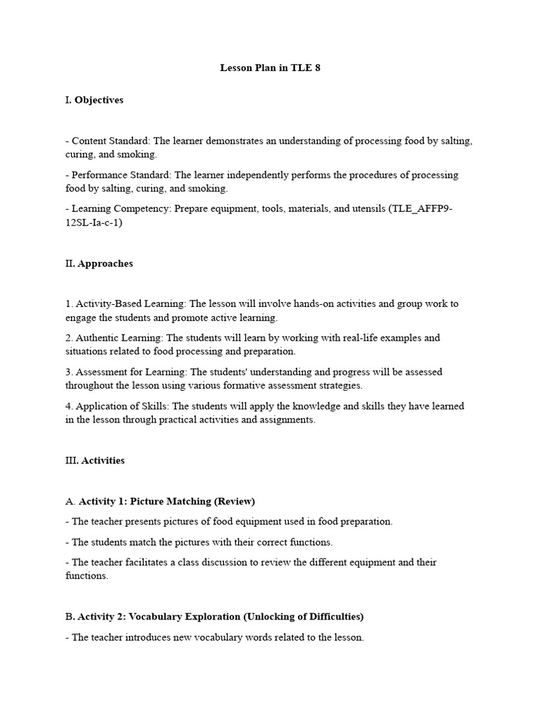 Lesson Plan in TLE 8 | PDF | Learning | Educational Assessment