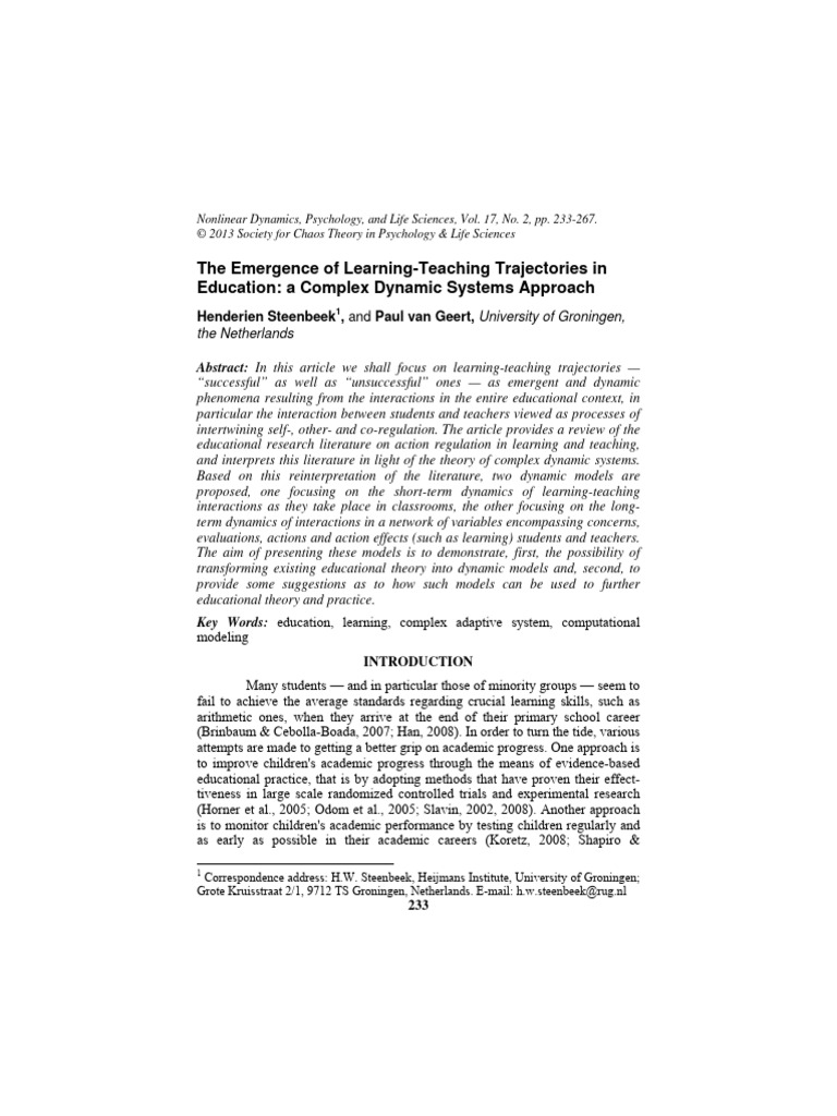 The Emergence of Learning-Teaching Trajectories in Education: A Complex Dynamic Systems Approach ...