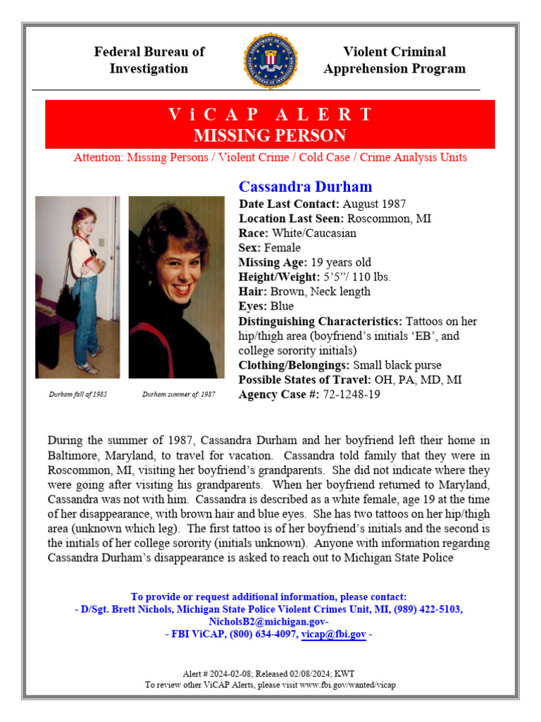 ViCAP Alert Durham 2024-02-08 | PDF | Crimes | Crime & Violence