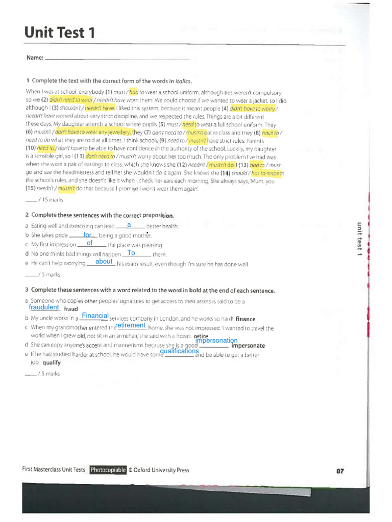 Tests Masterclass units 1 and 2 | PDF