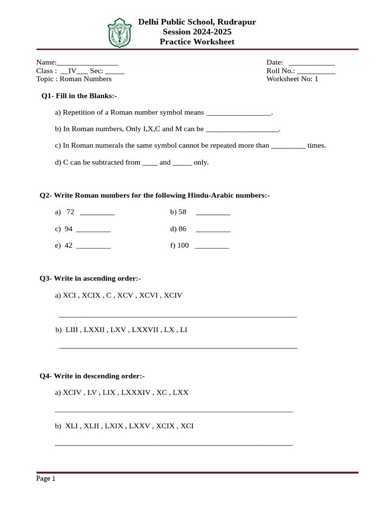 Class 4 Roman Numerals Worksheet | PDF | Teaching Methods & Materials | Art