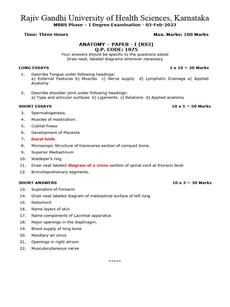 MBBS Anatomy Exam Questions 2023 | PDF | Teaching Methods & Materials ...