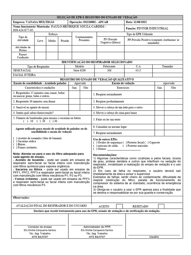 Ensaio de Vedação - Formulário | PDF