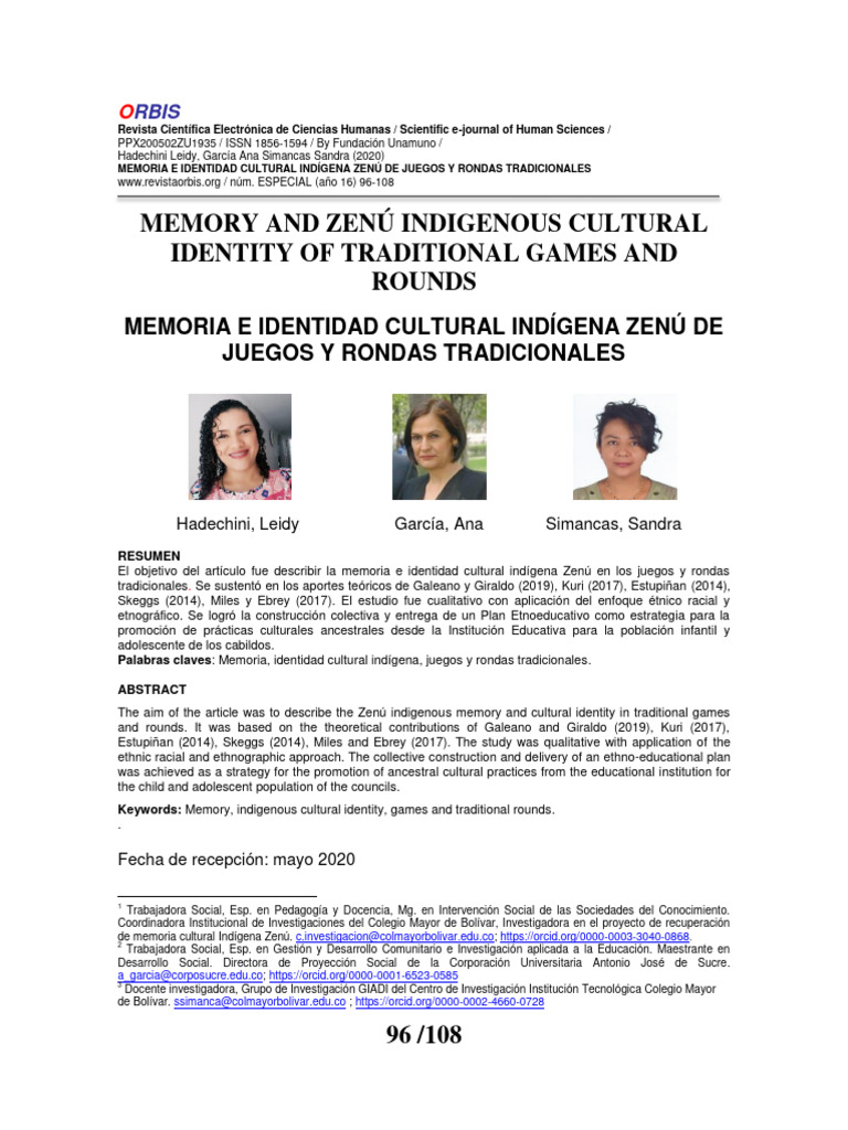 Memory and Zenú Indigenous Cultural Identity of Traditional Games and ...
