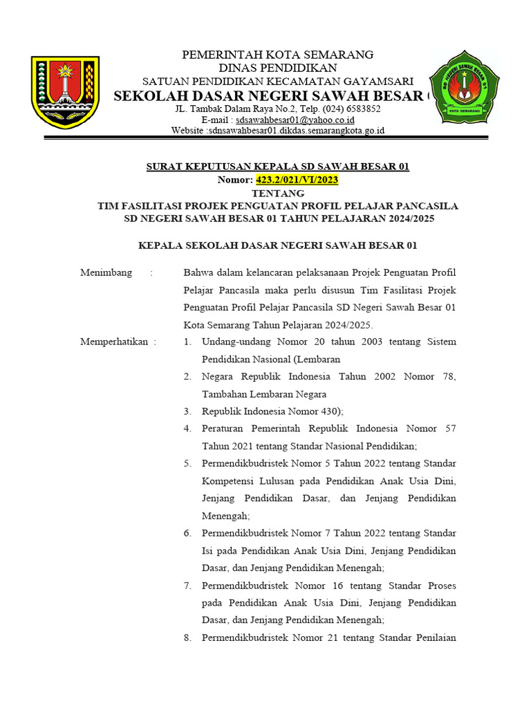 Pembentukan Tim Fasilitasi P5 SD Sawah Besar | PDF