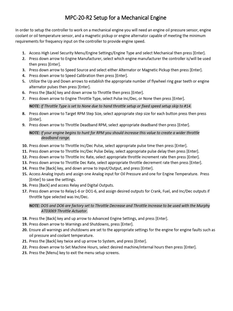 MPC-20-R2 Setup For A Mechanical Engine | PDF | Throttle | Engines