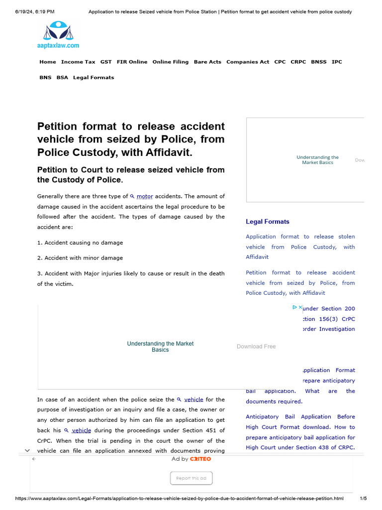 Application To Release Seized Vehicle From Police Station - Petition ...