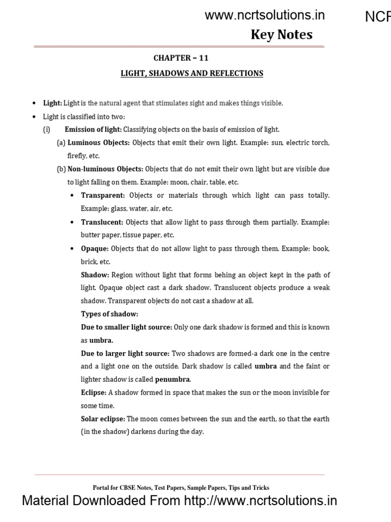 06 Science Ch11 Light Shadow and Reflections | PDF | Shadow | Light
