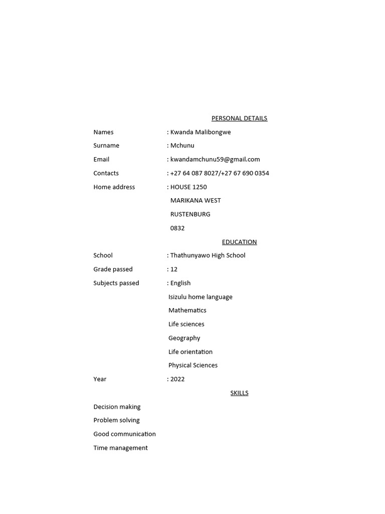 CV of Kwanda | PDF