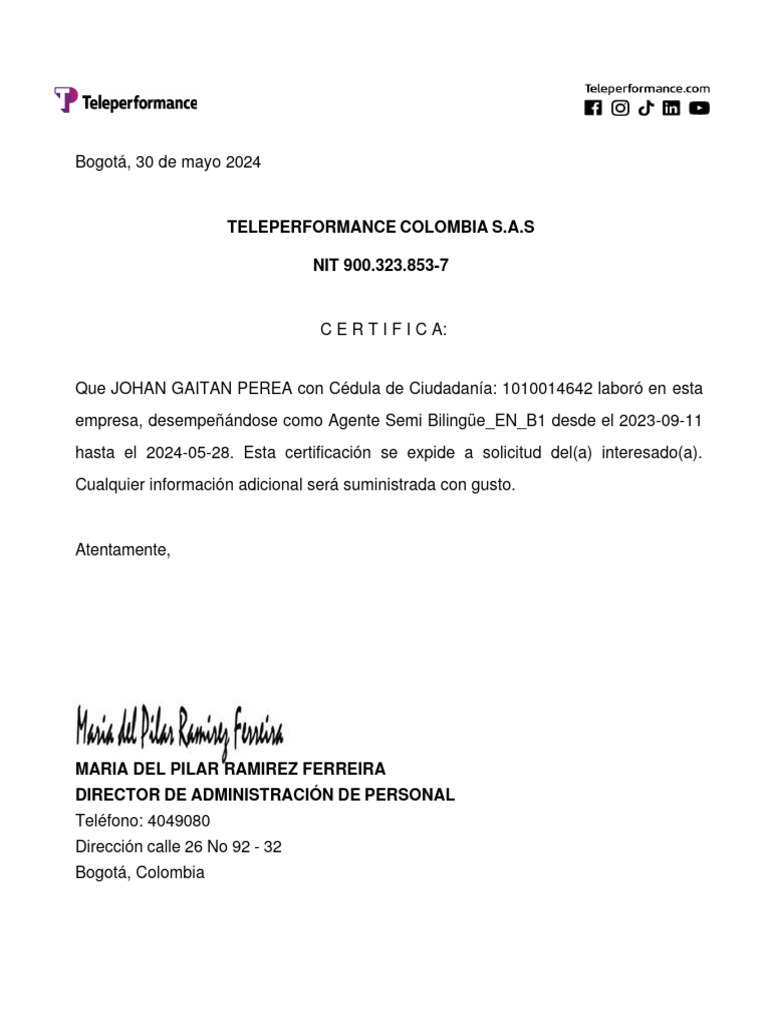 Certificado Laboral TP | PDF