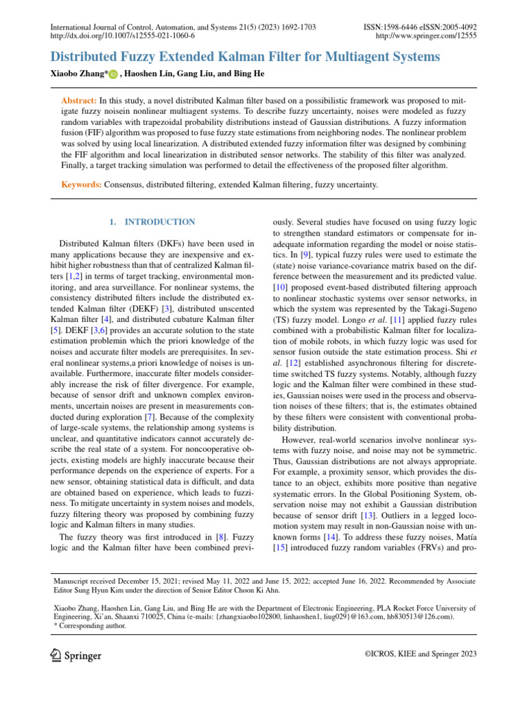 Distributed Fuzzy Extended Kalman Filter For Multiagent Systems | PDF | Kalman Filter | Applied ...