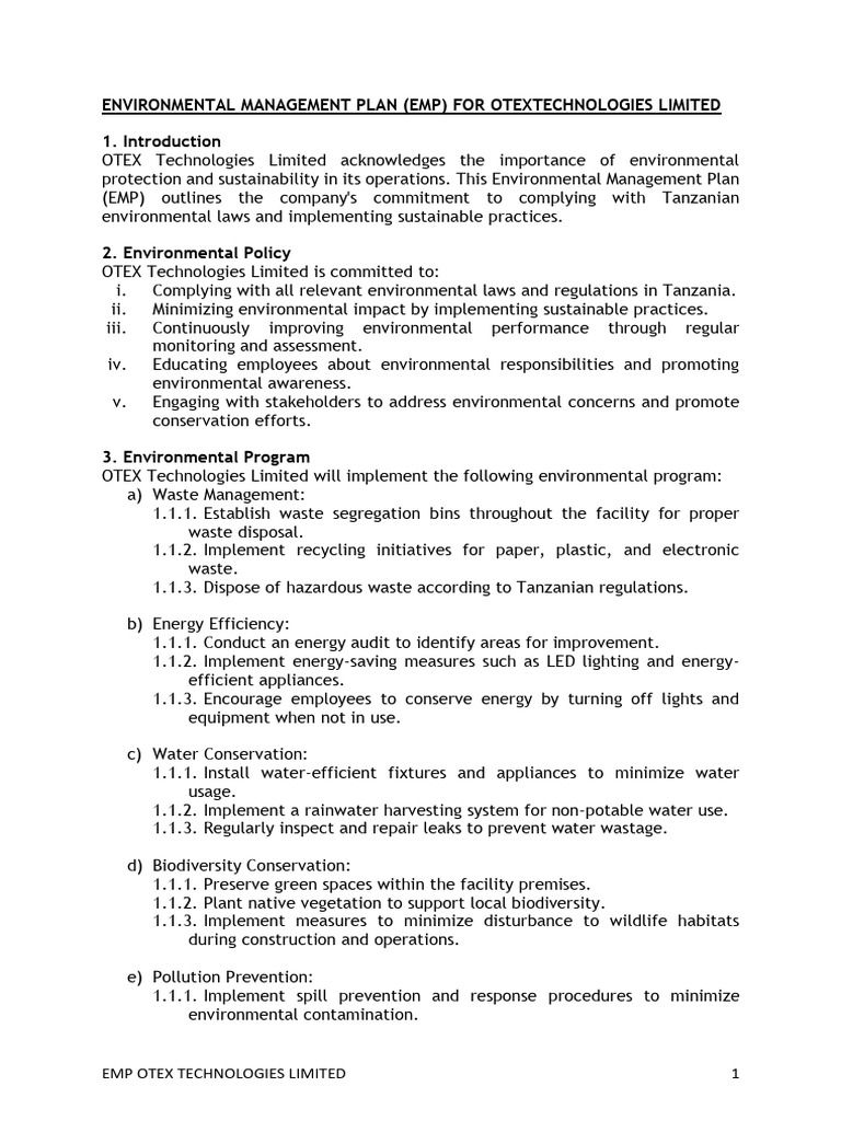Environmental Management Plan - Otex Tech | PDF | Waste | Energy ...