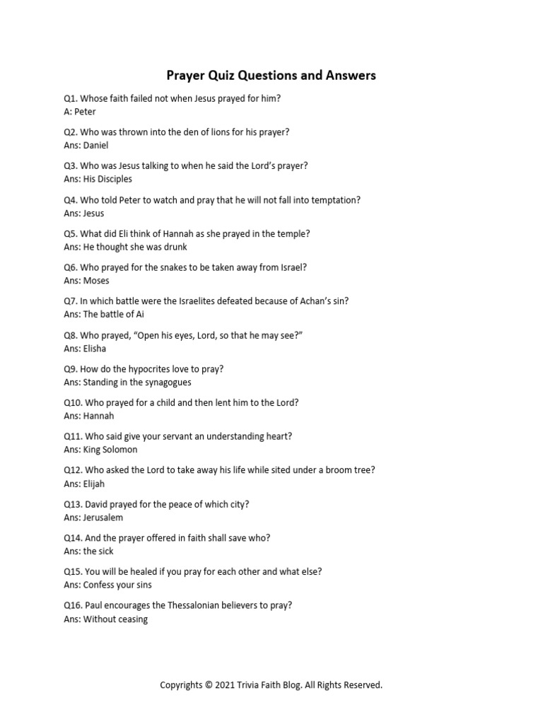 Prayer Quiz Questions and Answers | PDF