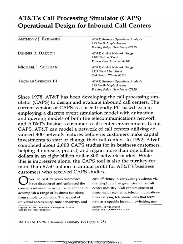 AT&T's Call Processing Simulator (CAPS) Operational Design For Inbound ...