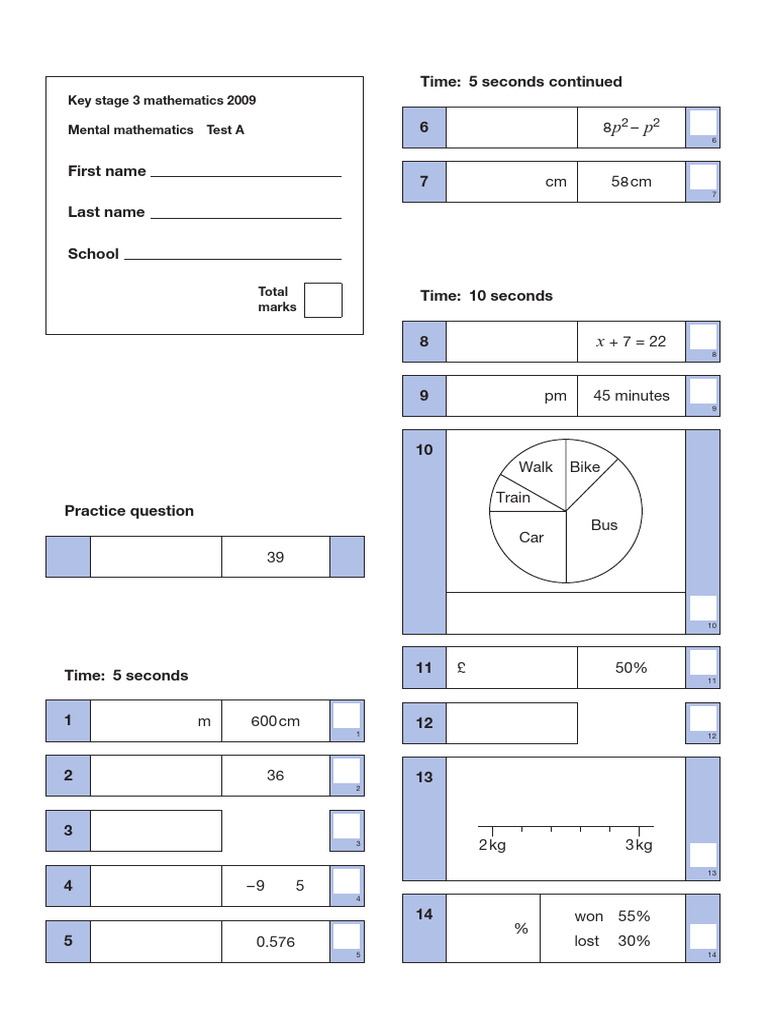 2009 KS3 Mental Maths Answer Booklet Test A | PDF | Mathematics