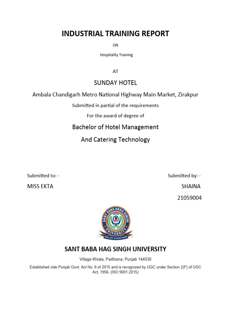 Hospitality Training Report at Sunday Hotel | PDF