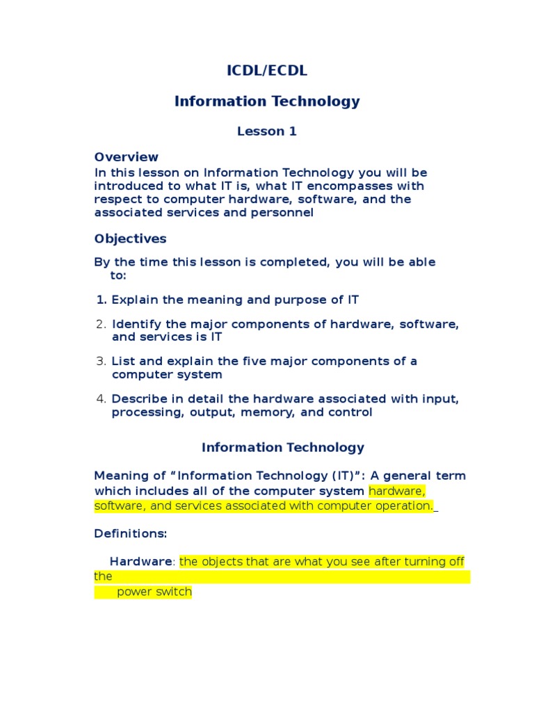 Icdl/Ecdl Information Technology: Lesson 1 | PDF | Computer Data Storage | Bit