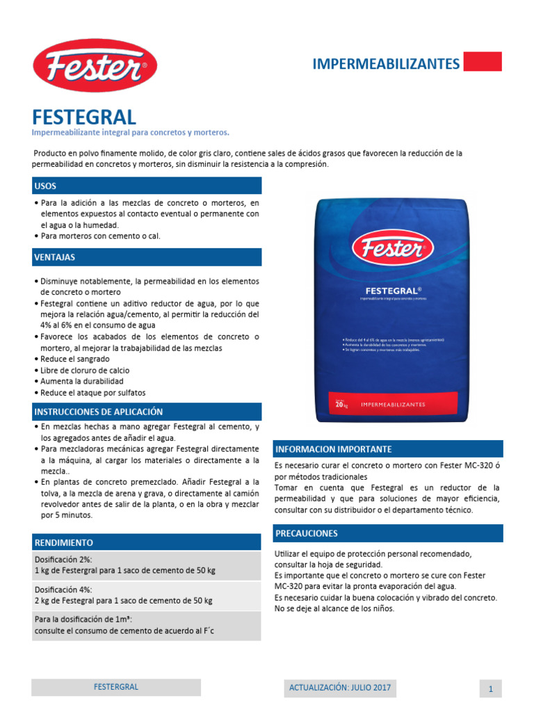 MX FT Festegral Impermeabilizante Cementoso | PDF | Hormigón | Mortero ...