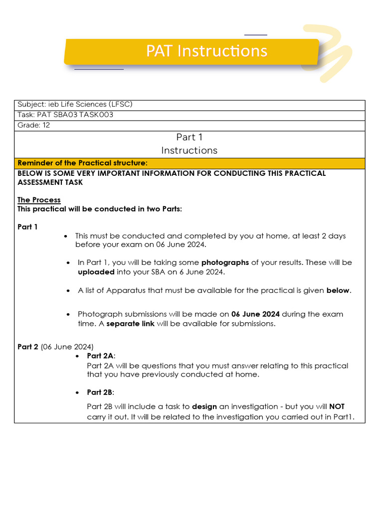 PAT 1 Gr12 Part 1 Instructions | PDF | Spoon
