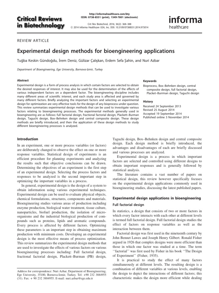Experimental Design Methods For Bioengineering Applications | PDF | Design Of Experiments ...
