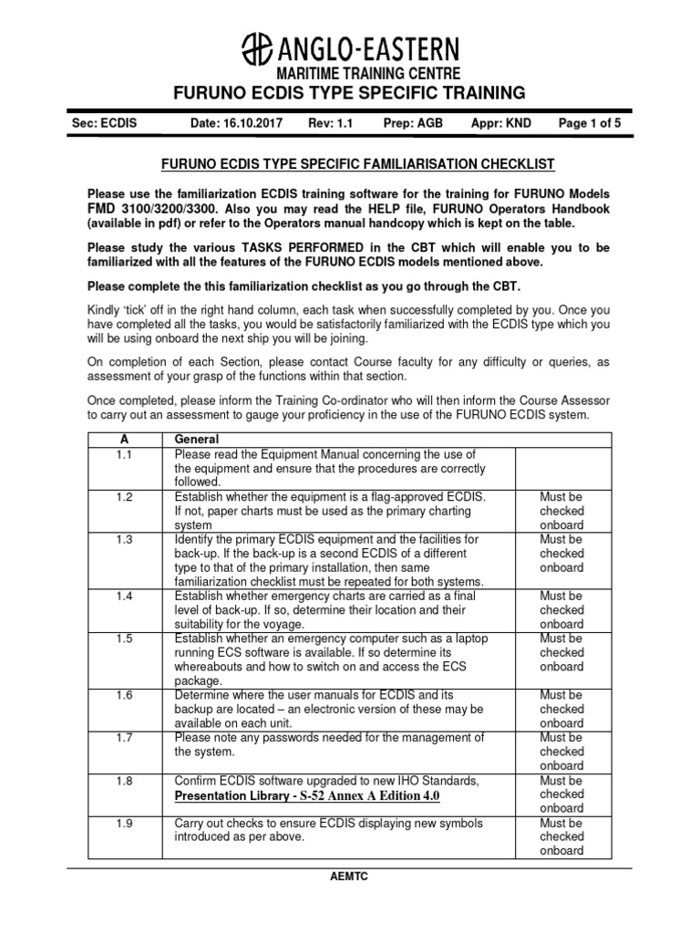 Checklist For FURUNO ECDIS Type Specific Training (FMD) | PDF ...