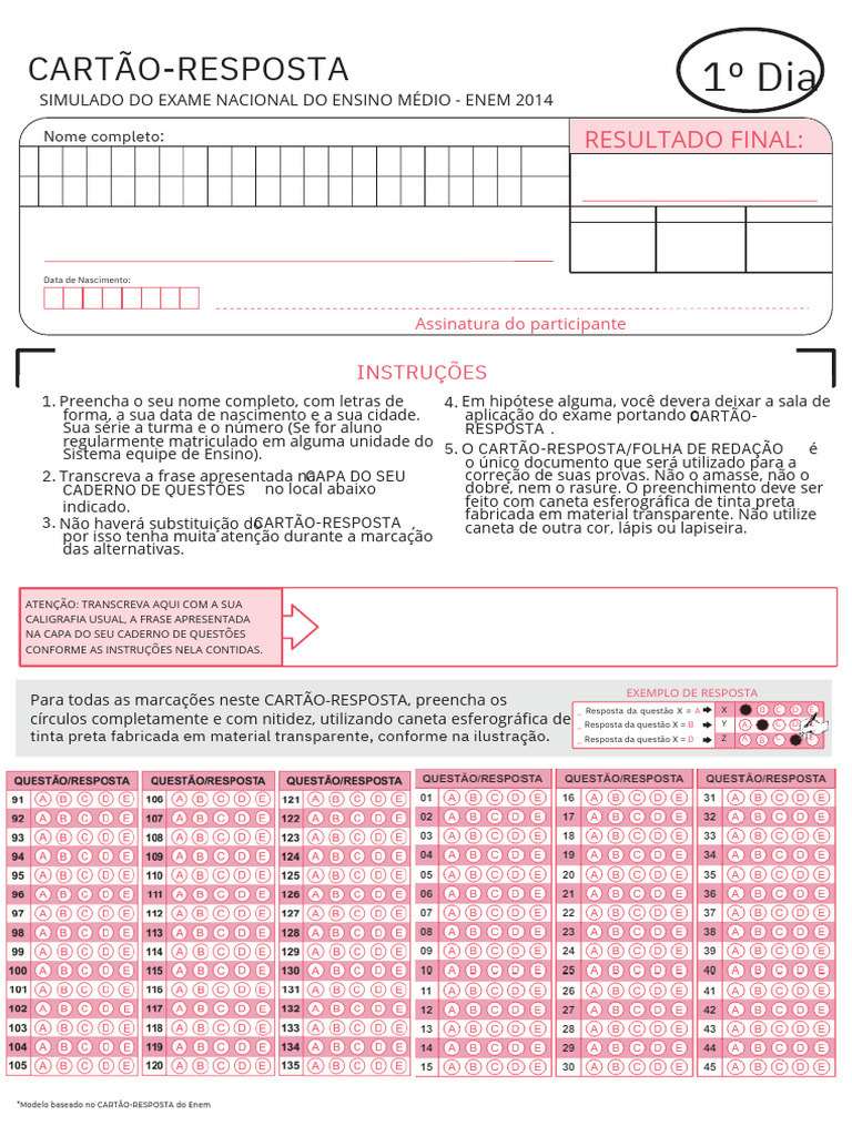Modelo de Gabarito ENEM 1º e 2ºdia | PDF | Caneta