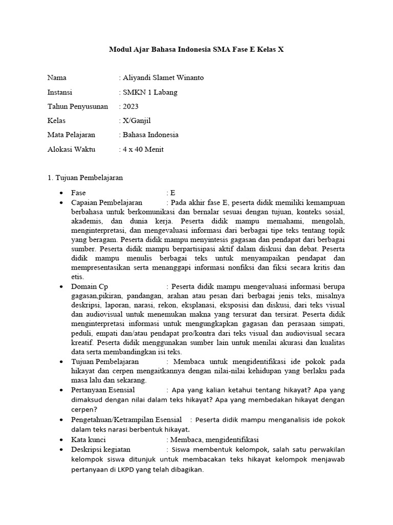 Modul HIKAYAT REVISI Bahasa Indonesia SMA Fase E Kelas X-1 | PDF