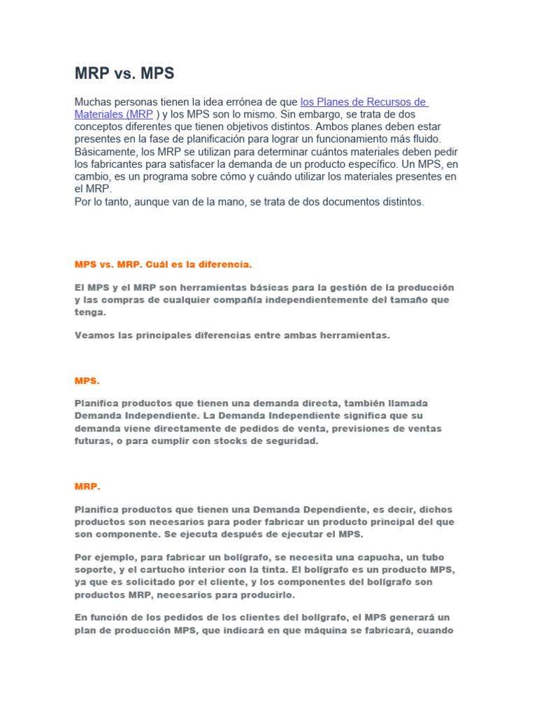 MRP Vs MPS | PDF | Business | Planificación