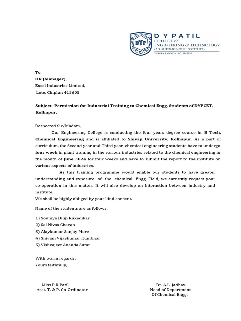 Industrial Training Letter Excel1 | PDF
