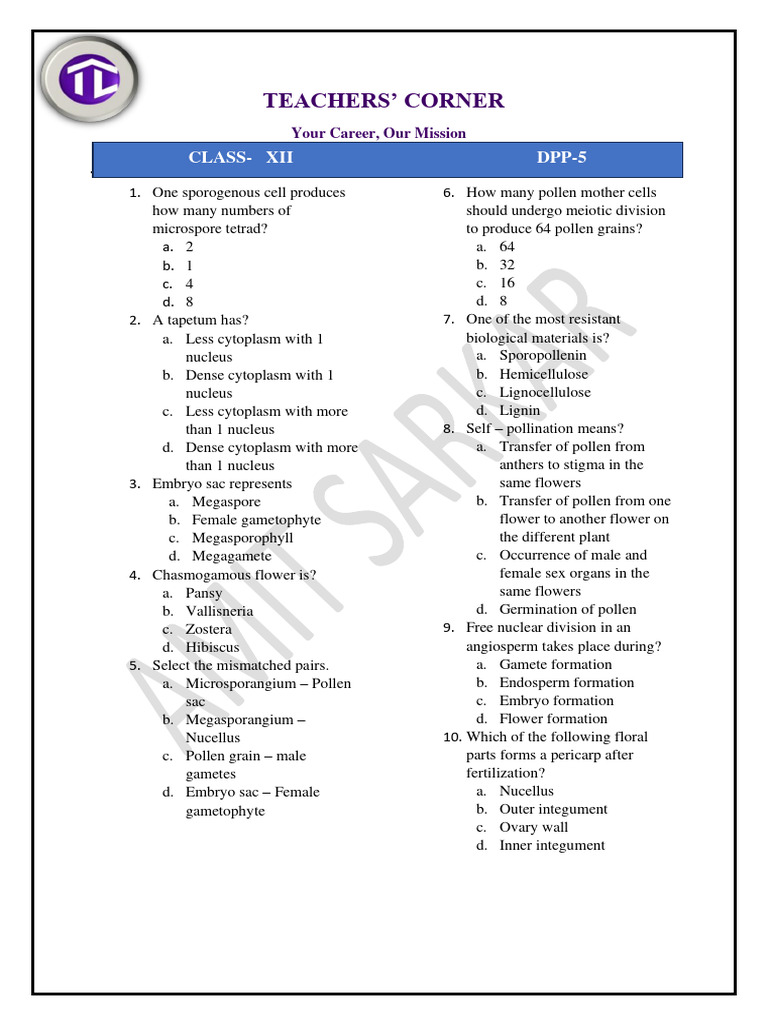 CLASS XII DPP 5 | PDF | Pollen | Flowers