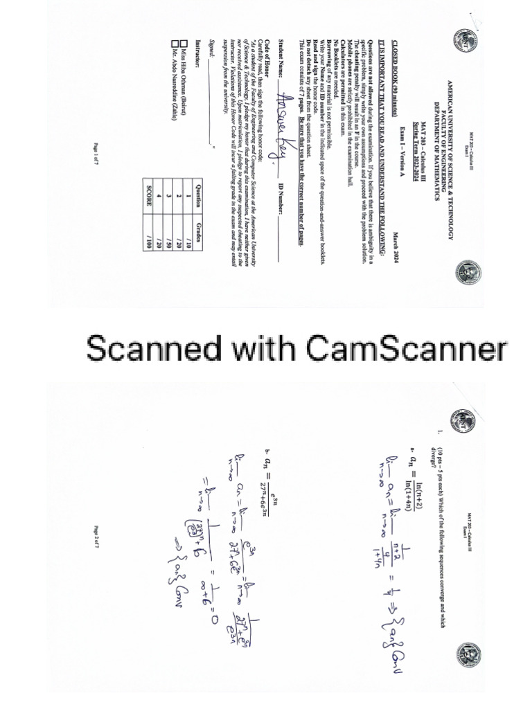 MAT 203 - Calculus III (Answer Key Exam) | PDF