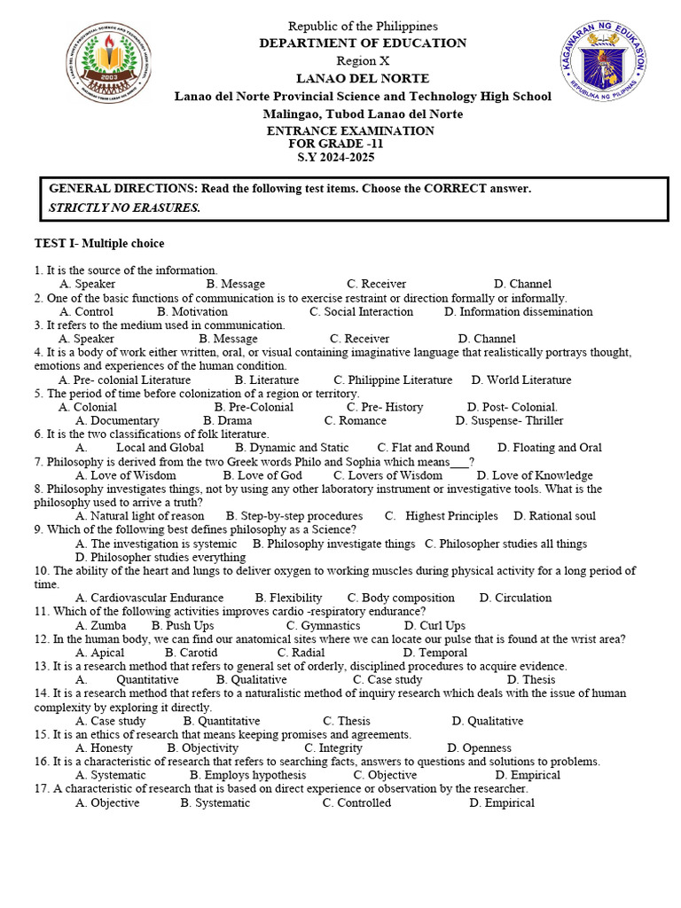 Entrance Examination For Grade 11 | PDF | Social Sciences | Science